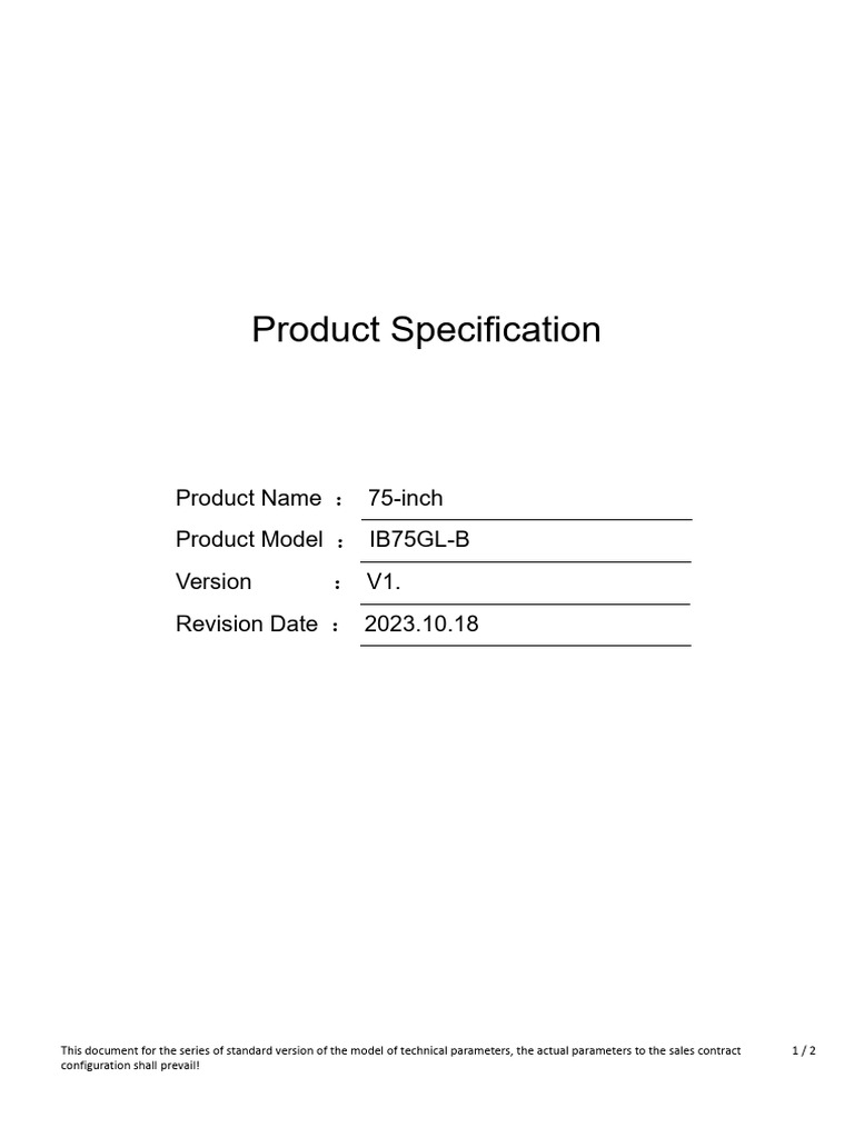 IB75GL-B IFPD Specification-V1.0 | PDF | Hdmi | Display Resolution