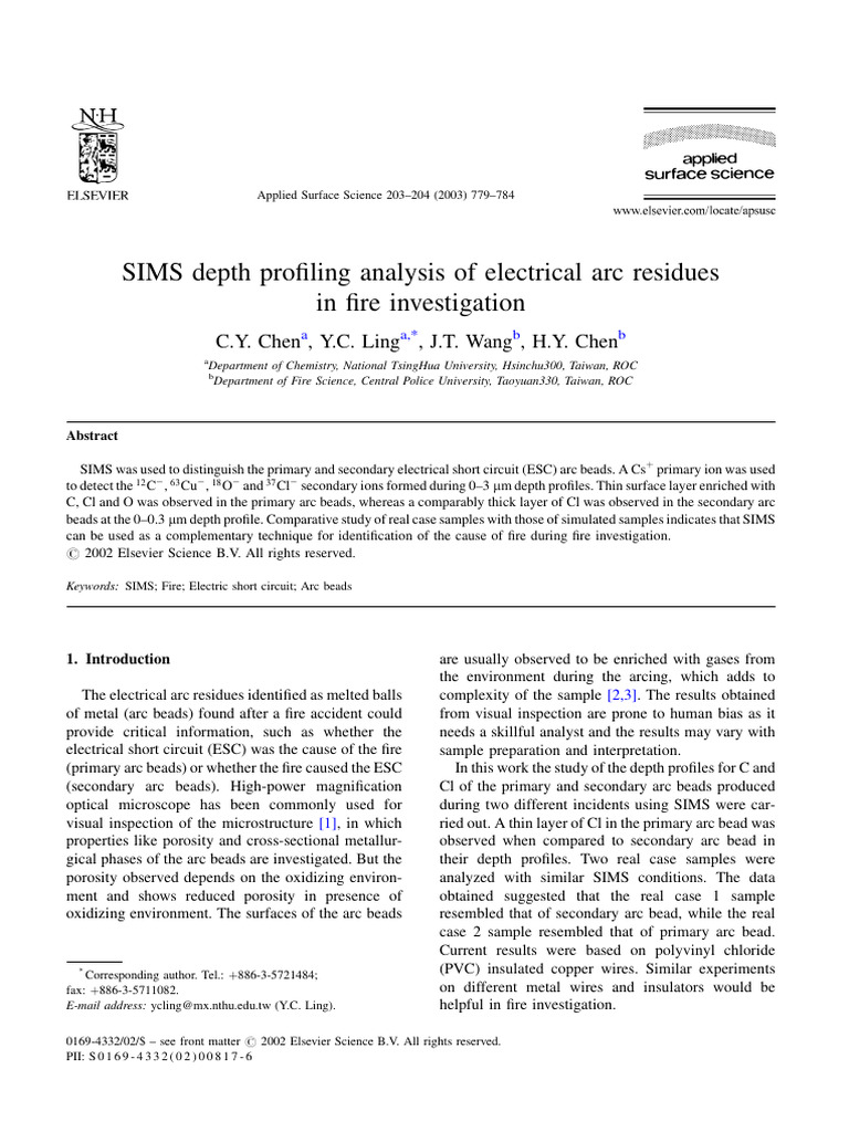 SIMS Depth Profiling Analysis of Electrical Arc Residues in Fire ...