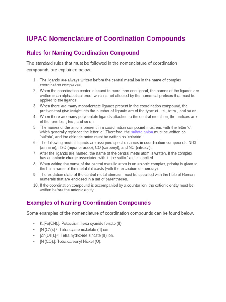 IUPAC Nomenclature of Coordination Compounds | PDF