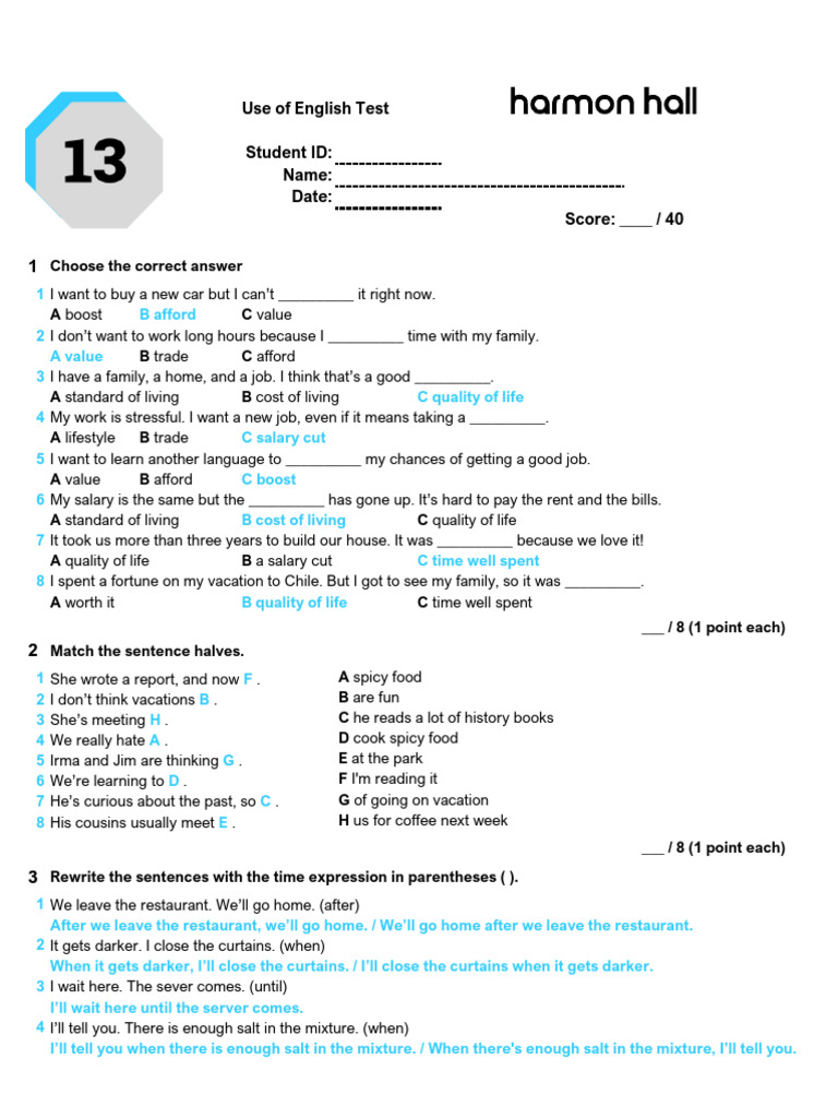Course 13 Use of English Test Answer Key | PDF | Cost Of Living | Zucchini