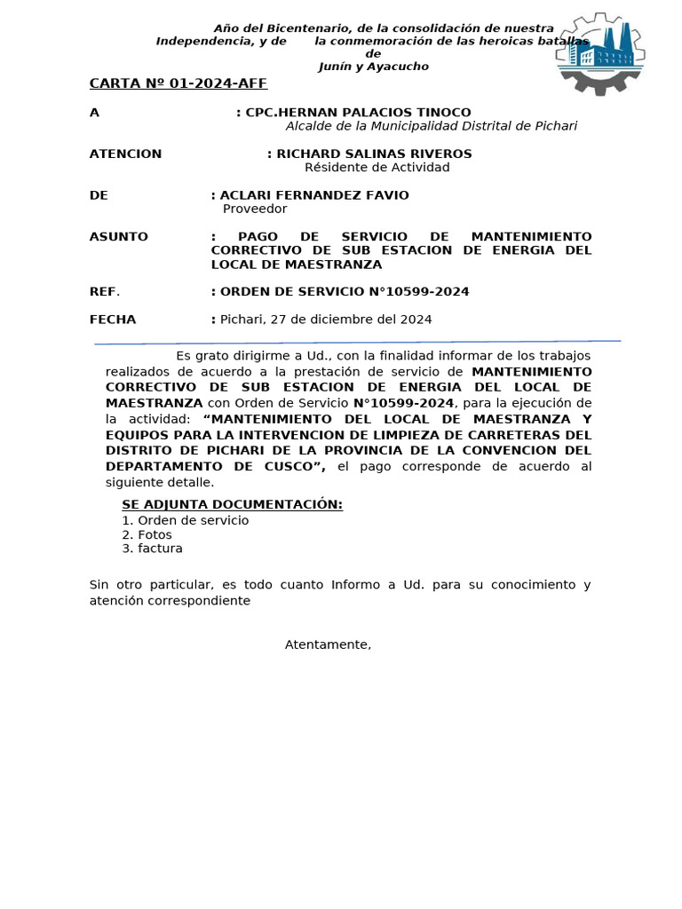 Carta 01 Subestacion | PDF