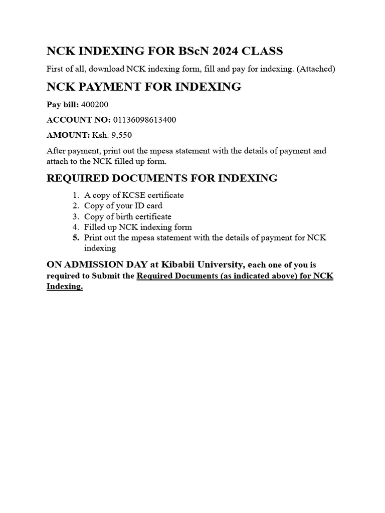 NCK Indexing Guide for BScN 2024 | PDF