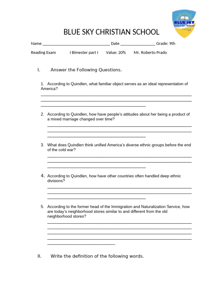 BLUE SKY CHRISTIAN SCHOOL 9th Grade Reading I BIMESTER 1 PART | PDF