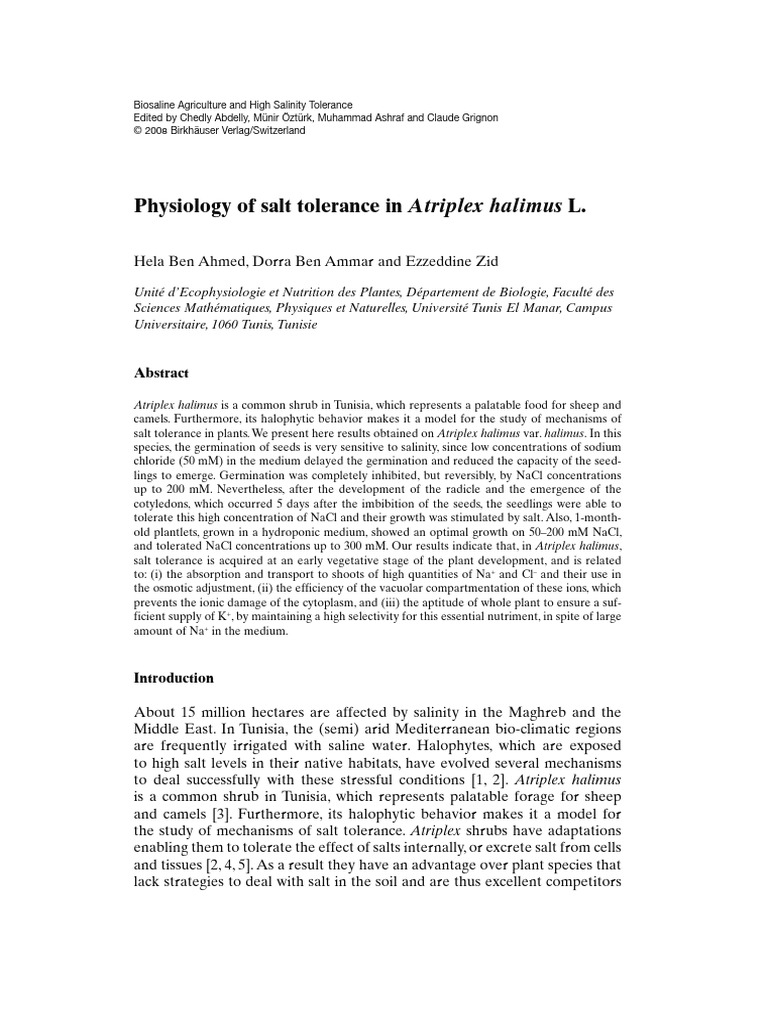 Physiology of Salt Tolerance in L.: Atriplex Halimus | PDF | Sodium ...