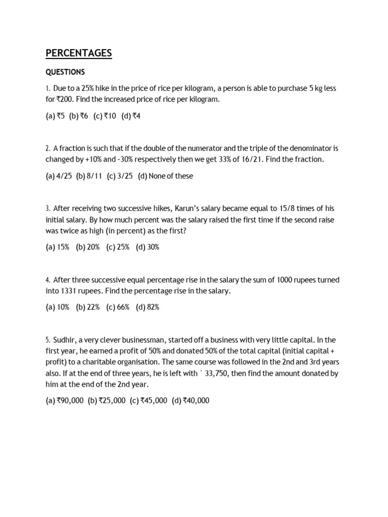 Percentages Questions | PDF | Percentage | Salary