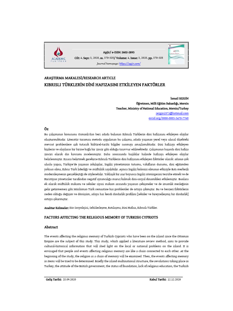 Kibrisli T Rkler N D N Hafizasini Etk Leyen Fakt Rler (#829539) - 1409095 | PDF