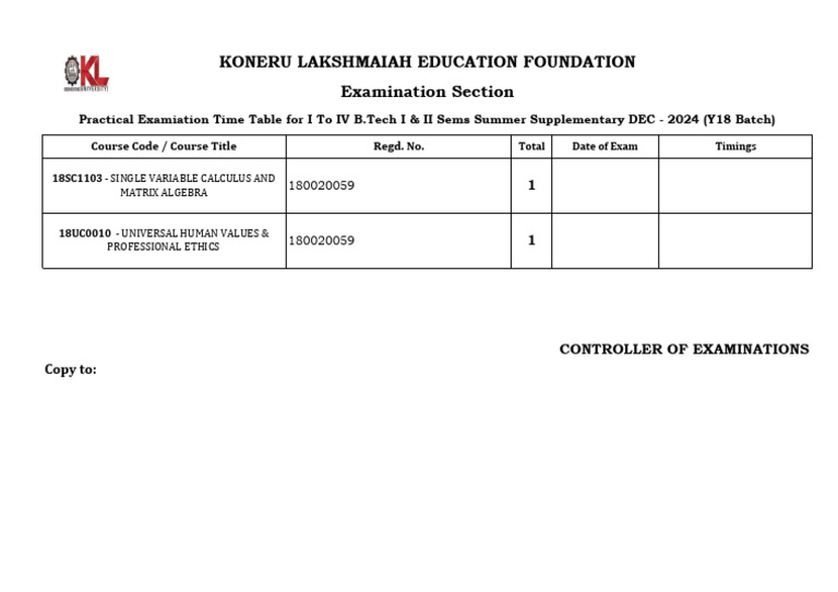 Y18 B Tech Practical Supplementary Examination TimeTable Nov Dec | PDF