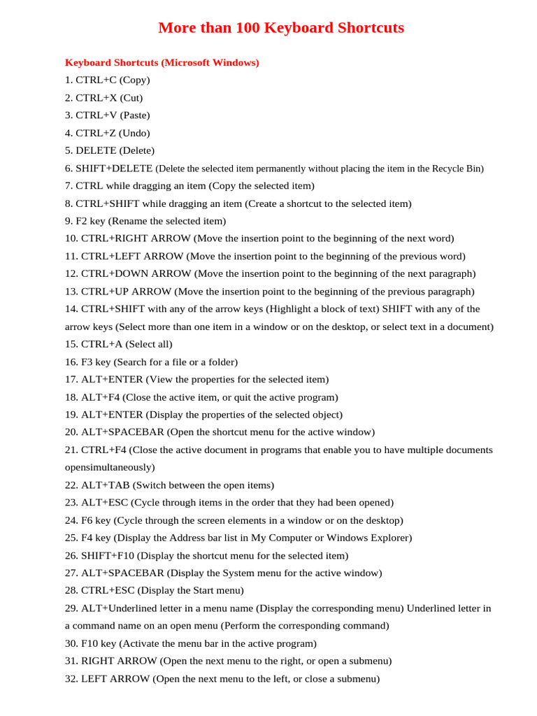 More Than 100 Keyboard Shortcuts | PDF | Microsoft Windows | Computer ...