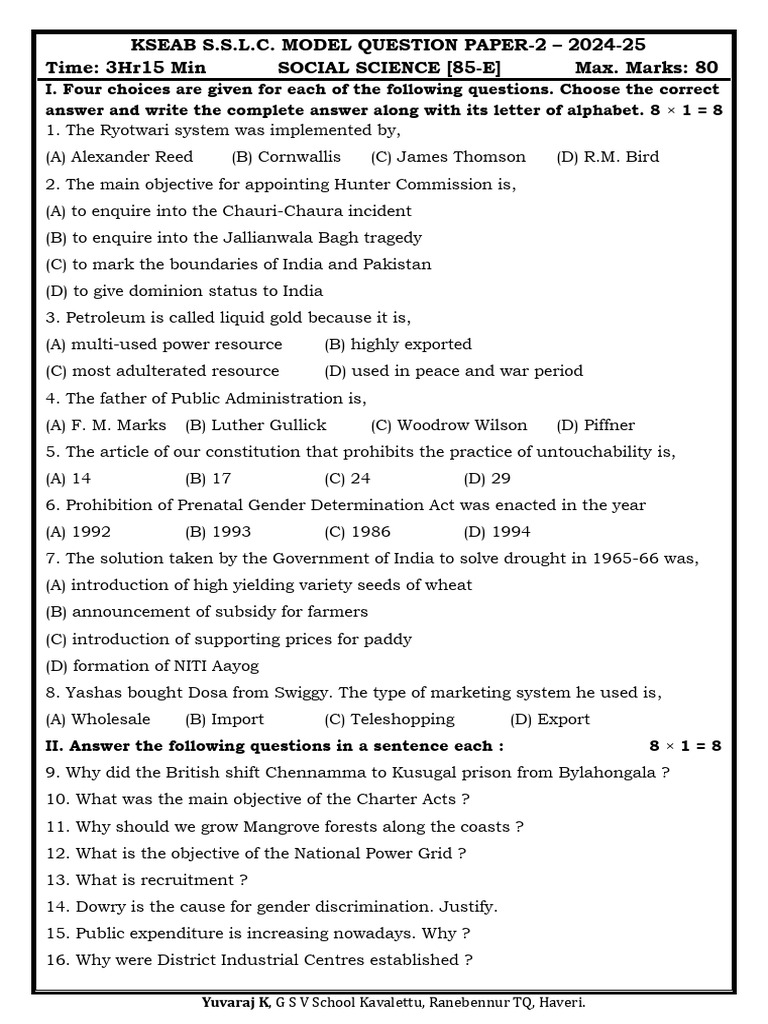 2024-25 SSLC Social Science Model Paper | PDF
