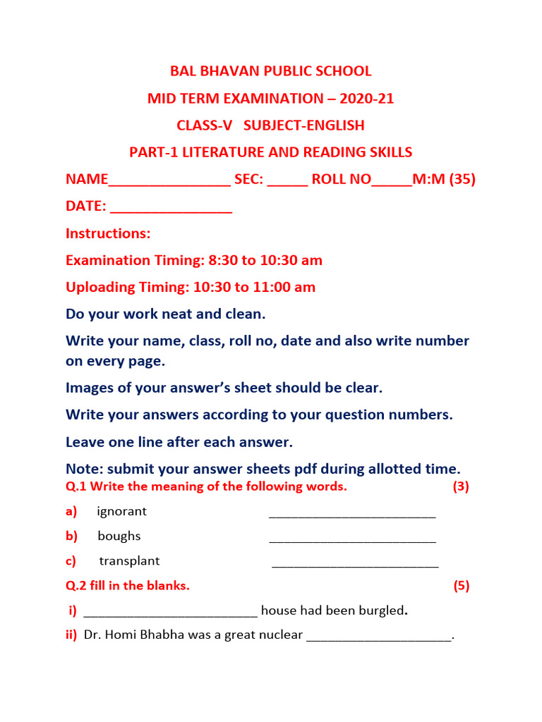Class V English Mid Term Exam 2020-21 | PDF