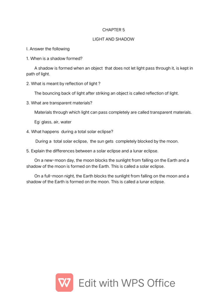 Class V Science Chapter 5 Light and Shadow | PDF