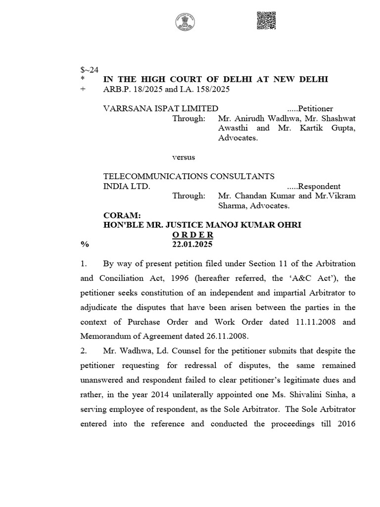 Varrsana Ispat v. TCIL (Delhi High Court) | PDF | Arbitration ...