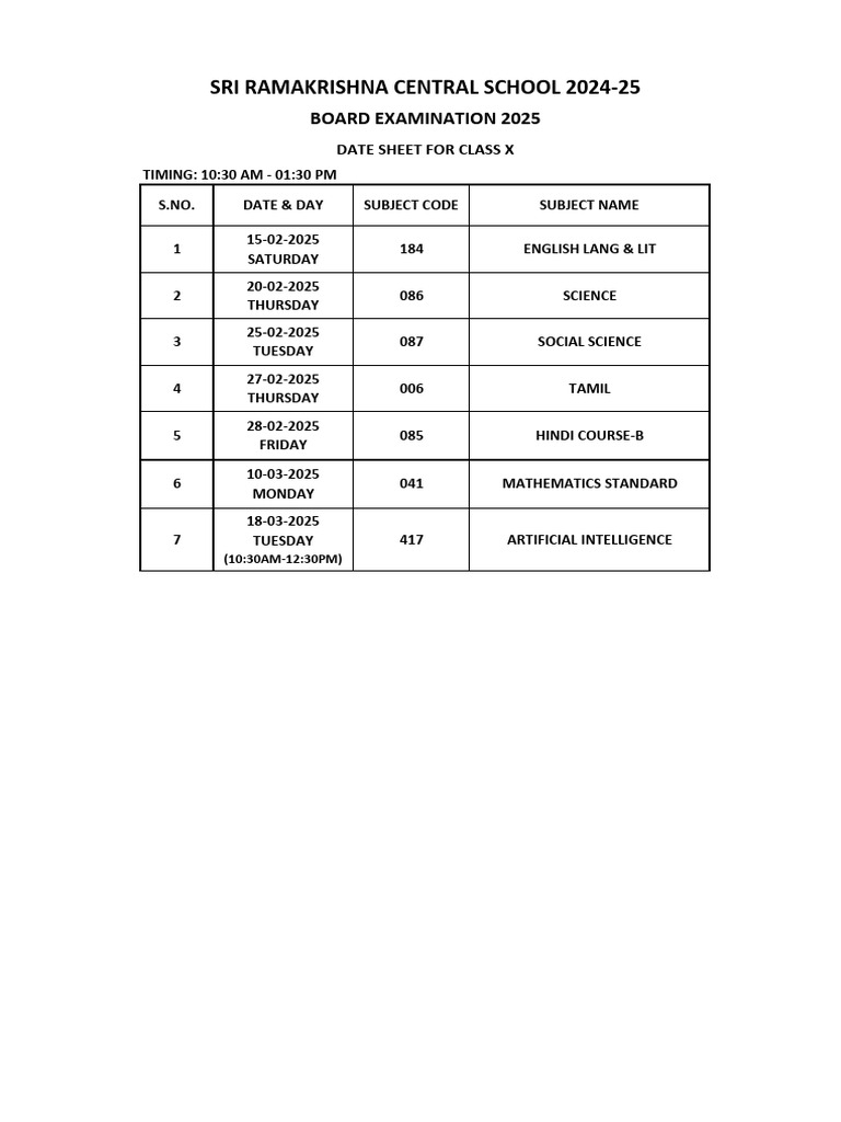 Board Exam Date Sheet For Class X 2024-25 | PDF