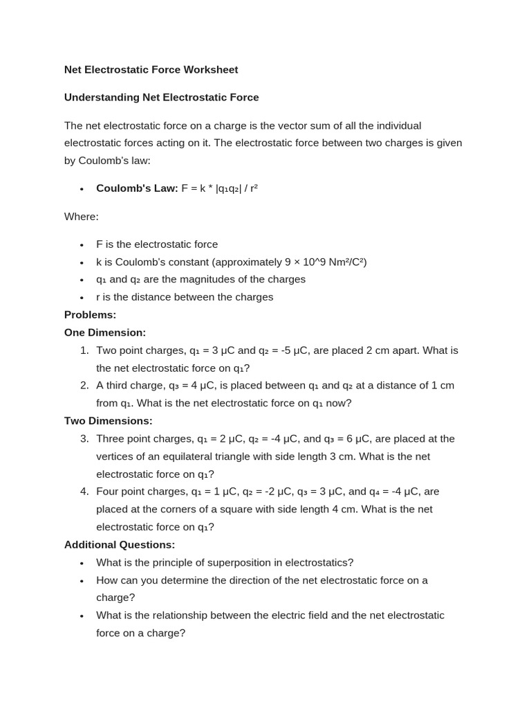 Net Electrostatic Force Worksheet | PDF
