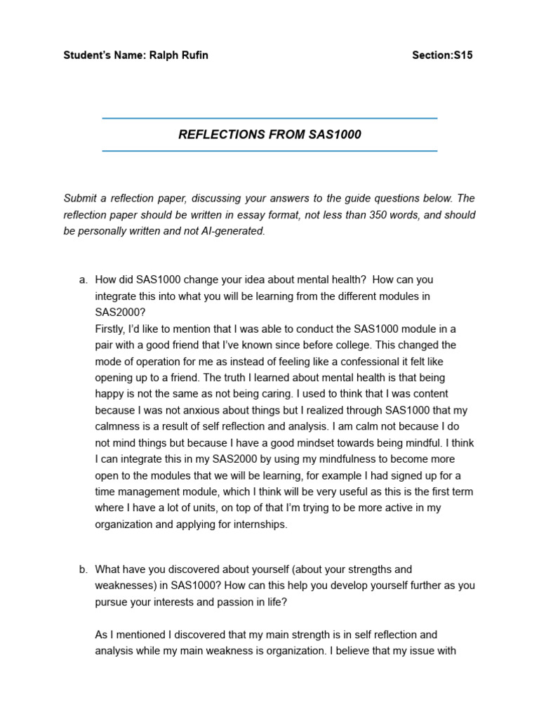 Rufin SAS1000ReflectionPaper Assignment#2-1 | PDF | Cognitive Science | Behavioural Sciences