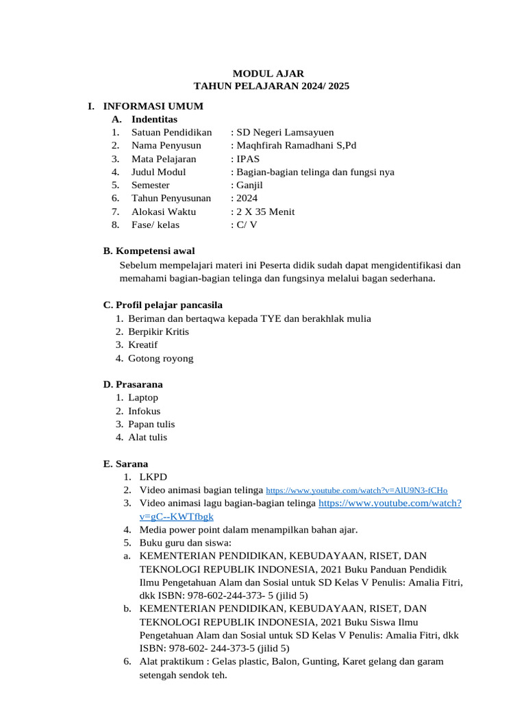 MODUL AJAR Bagian-Bagian Telinga (Repaired) | PDF