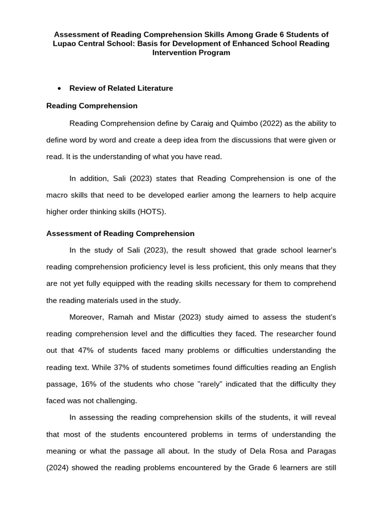 Assessment of Reading Comprehension Skills Among Grade 6 Students of ...