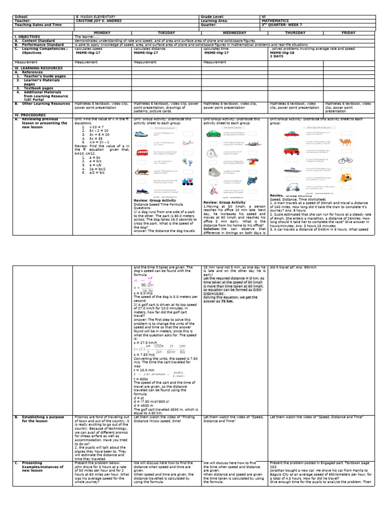 DLL_MATHEMATICS 6_Q3_W7 | PDF | Speed | Time