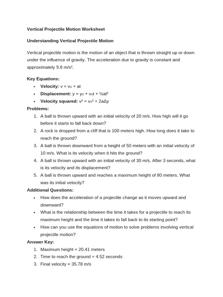 Vertical Projectile Motion Worksheet | PDF