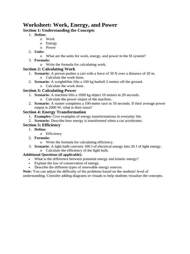 Worksheet Work Energy and Power 1 | PDF | Power (Physics) | Force