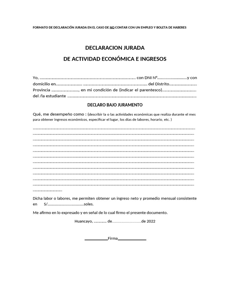 2 Formato de Declaracion Jurada de Ingresos Economicos 2022 II | PDF