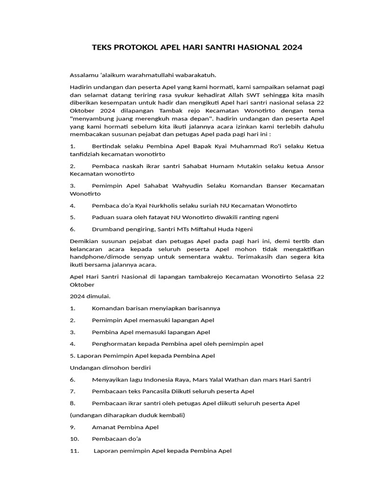 Teks Protokol Apel Hari Santri Hasional 2024 | PDF