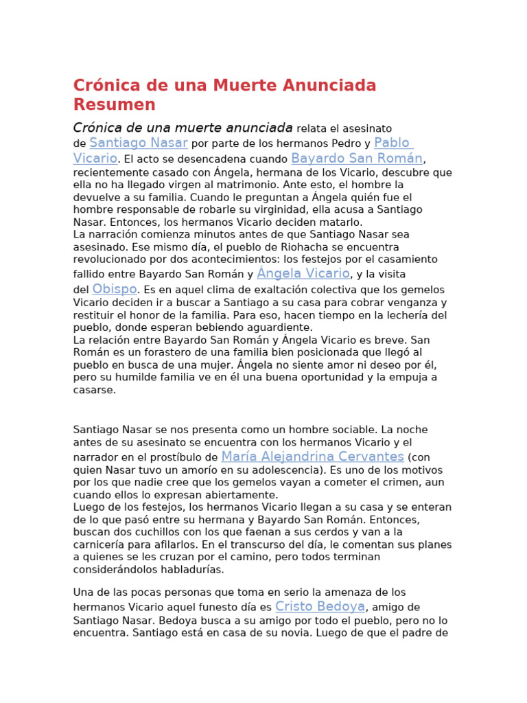 Crónica de Una Muerte Anunciada Resumen | PDF