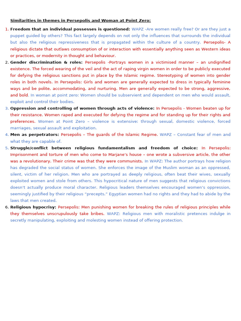 Themes and Issues in WAPZ and Persepolis | PDF | Woman | Discrimination ...