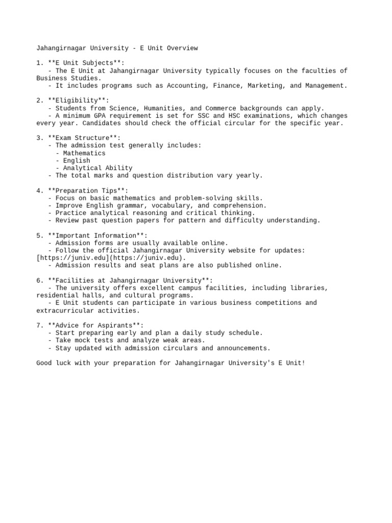 Jahangirnagar University E Unit Guide | PDF