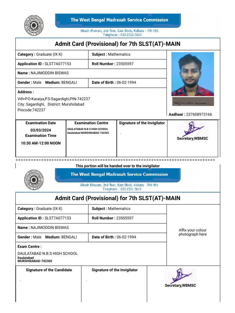Admit Card for 7th SLST(at)-MAIN | PDF