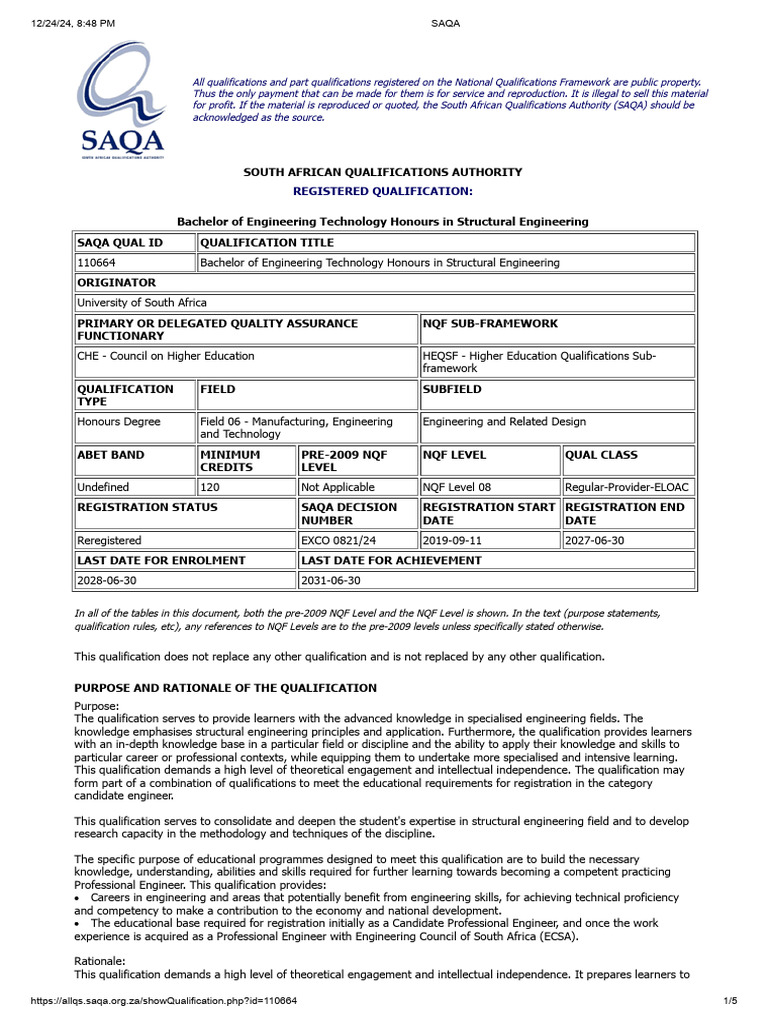 SAQA | PDF | Educational Assessment | Engineering