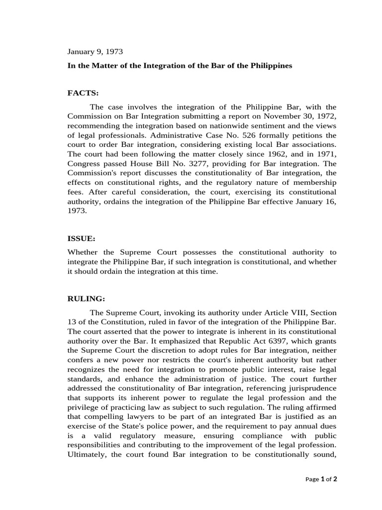 Supreme Court Ruling on Philippine Bar Integration | PDF | Lawyer ...
