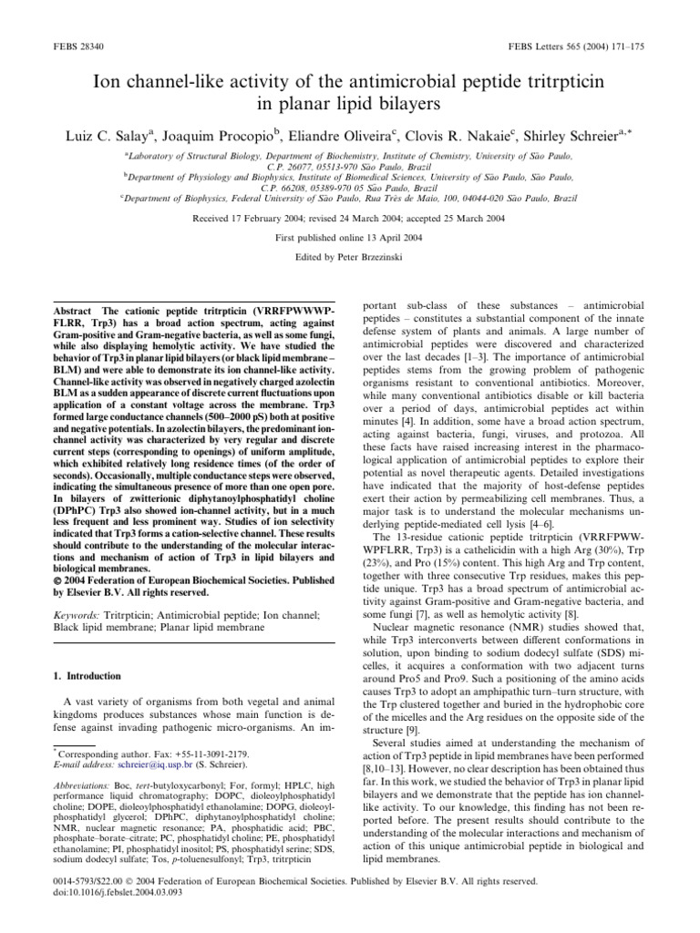 TritrpticinIonChannelLikeActivityFEBS2004 | PDF | Cell Membrane | Lipid ...