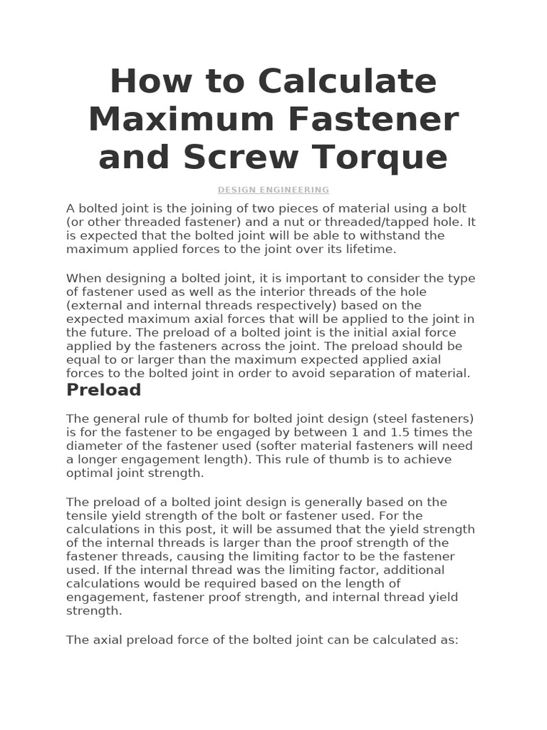 How To Calculate Maximum Fastener and Screw Torque | PDF | Screw ...