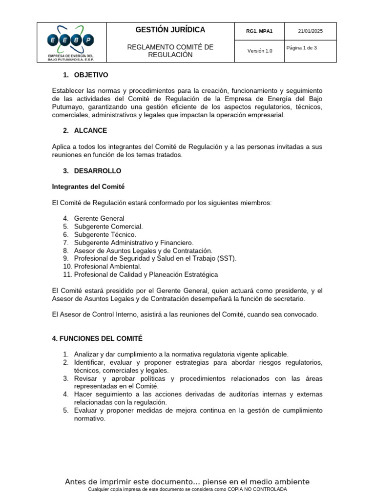 Reglamento Comite de Regulación | PDF