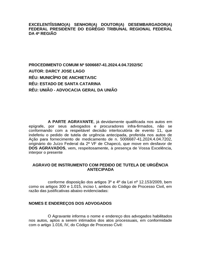 Agravo de Instrumento: Medicamento Urgente | PDF | Advogado | Processo ...