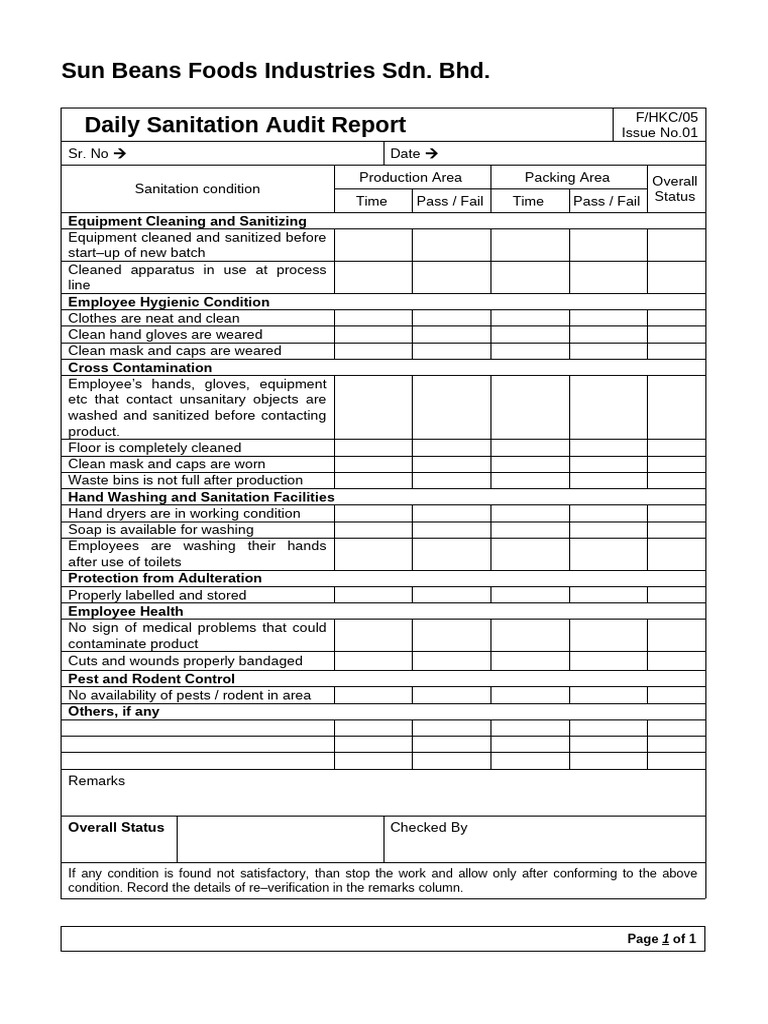 Daily Sanitation Audit Report | PDF