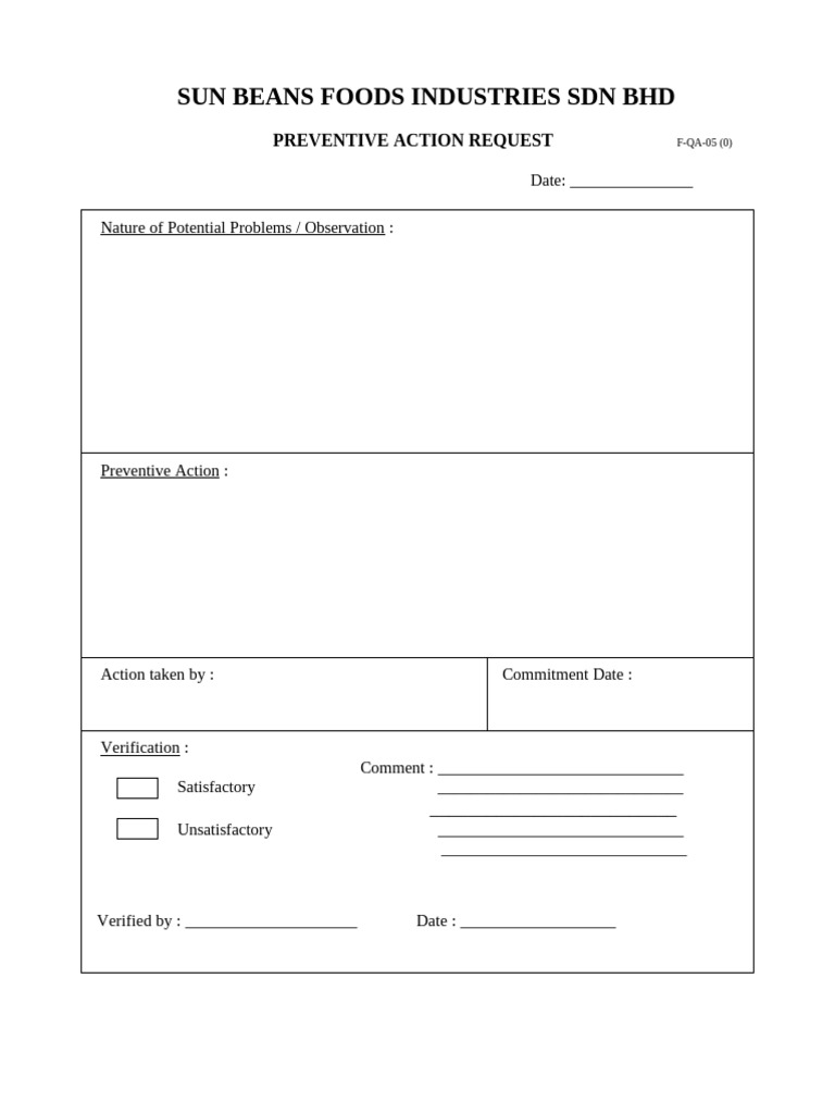 Preventive Action Request Form | PDF