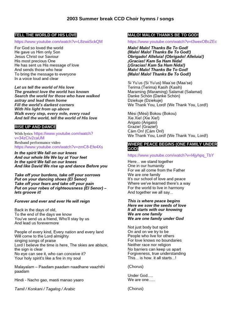 2023 Summer Break CCD Choir Songs | PDF | Religious Belief And Doctrine ...