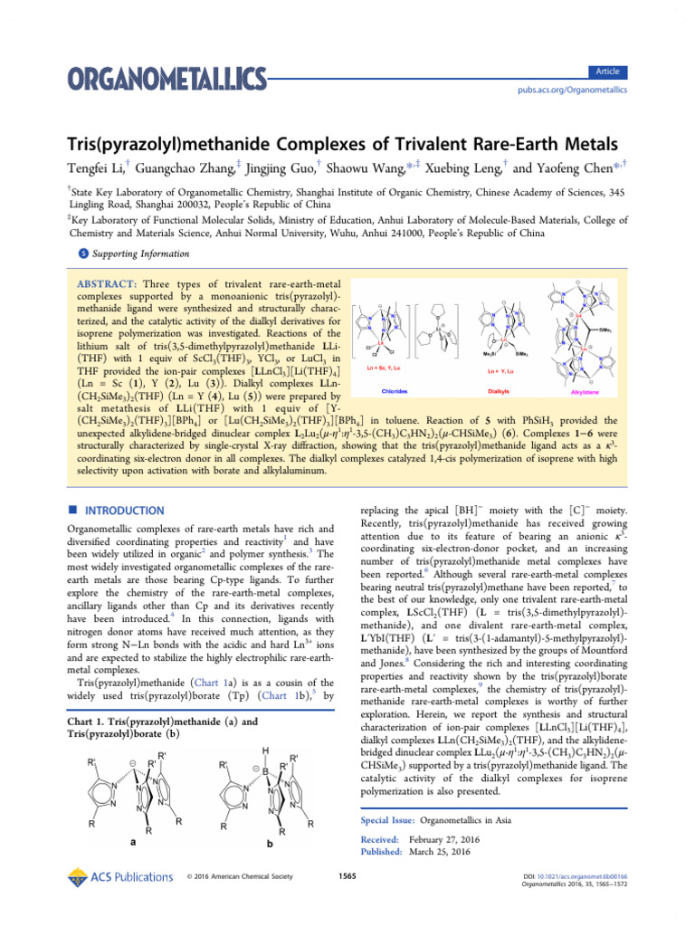 Tris (Pyrazolyl) Methanide Complexes of Trivalent Rare-Earth Metals ...