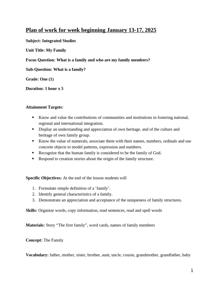 Family Lesson Plan Week 1 and 2 | PDF | Grandparent | Family
