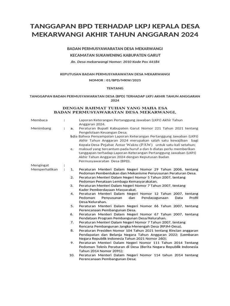 Tanggapan BPD Terhadap LKPJ Kepala Desa Mekarwangi Akhir Tahun Anggaran 2021-1 | PDF