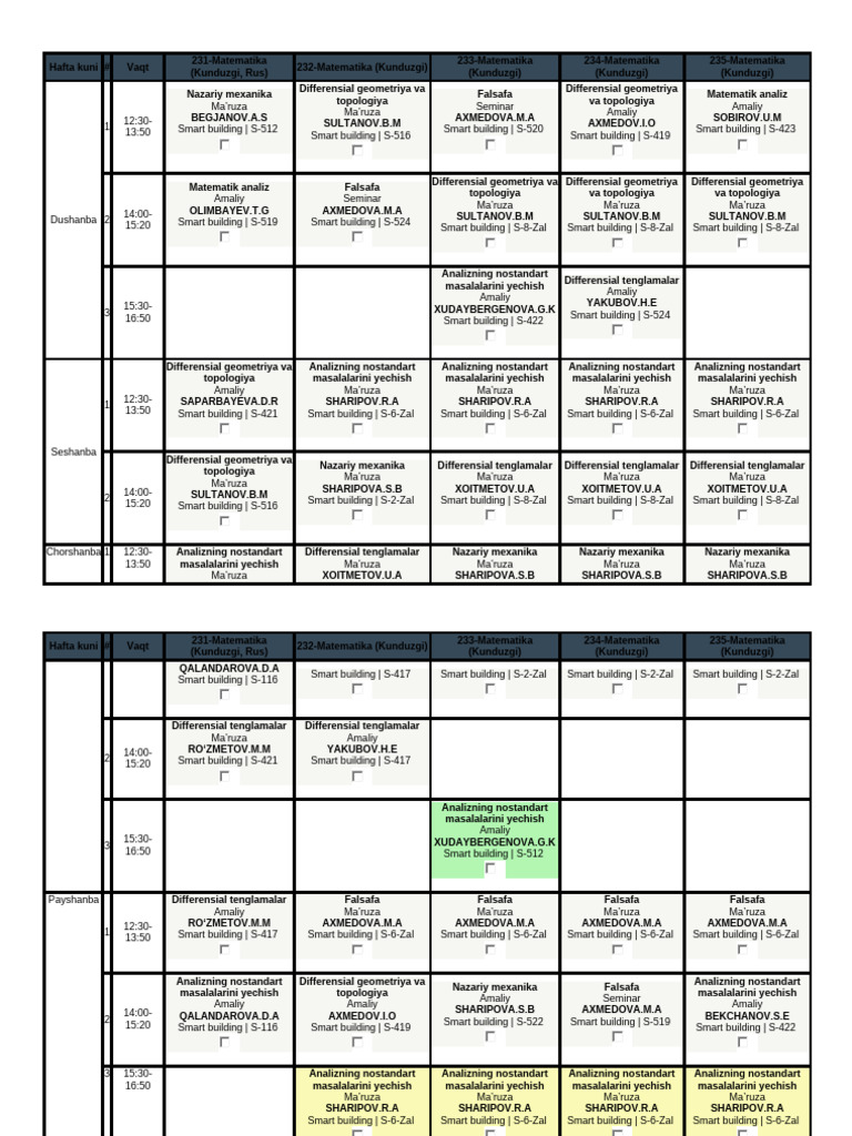 Weekly Math Class Schedule | PDF