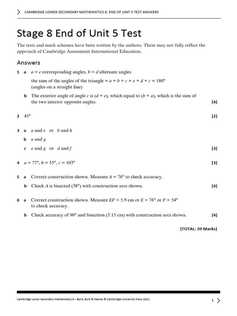 Cambridge Math 8 Unit 5 Test Answers | PDF
