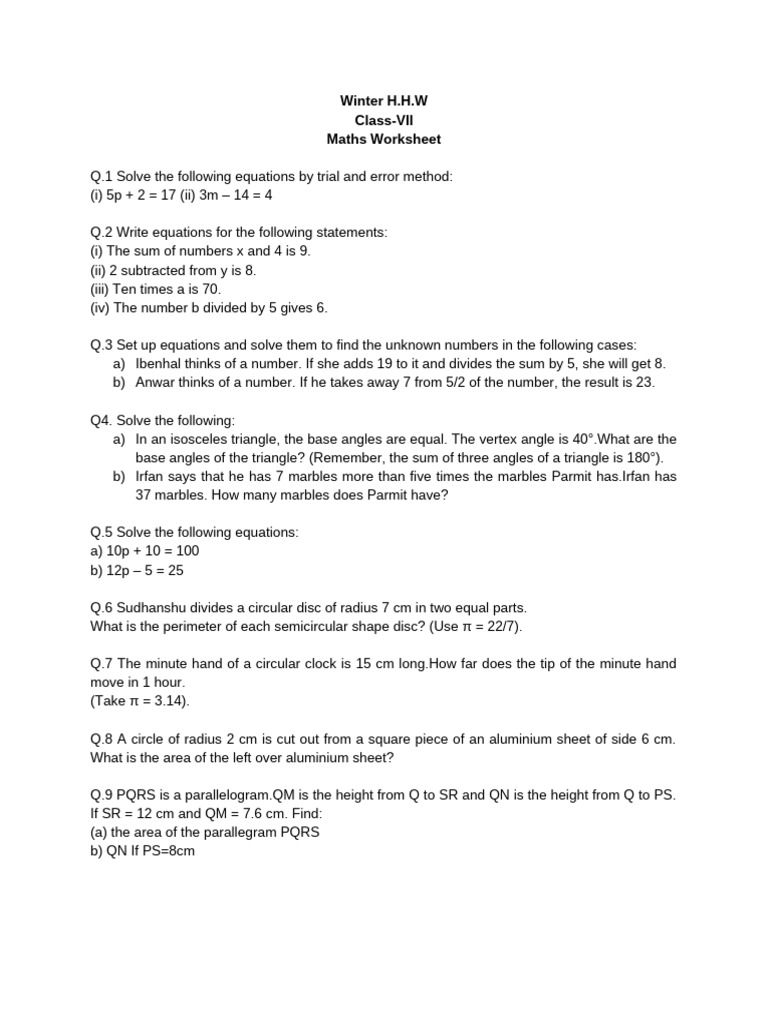 Maths Worksheet Class-7th | PDF
