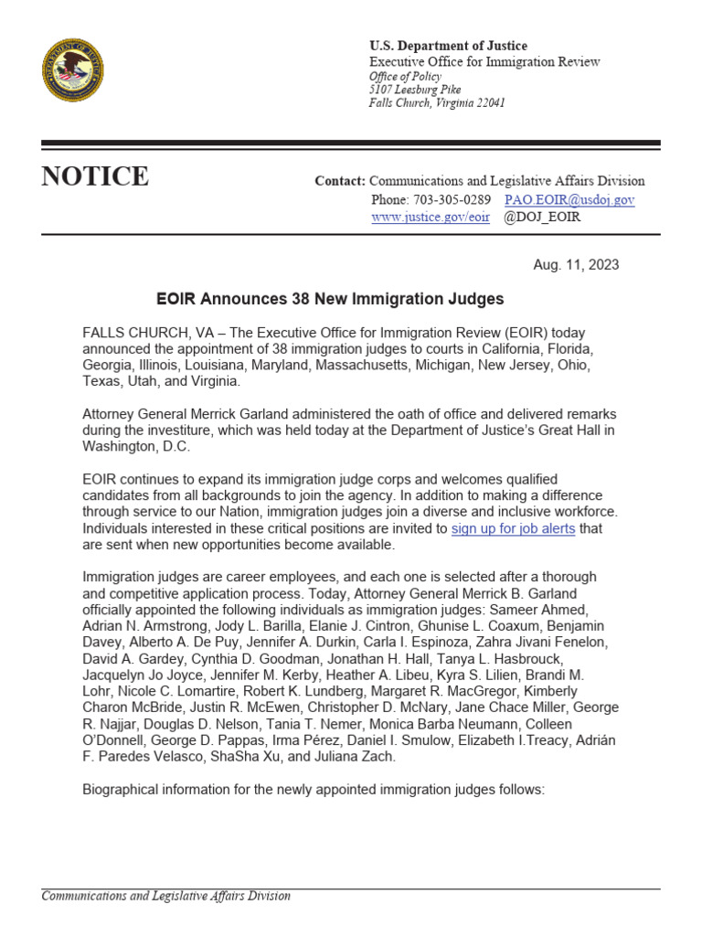 EOIR Appoints 38 New Immigration Judges | PDF | Judge | Separation Of ...