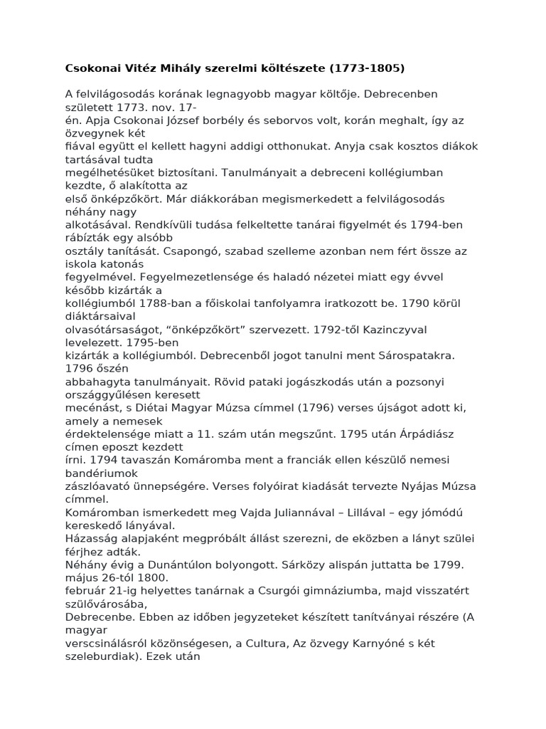 Csokonai Vitéz Mihály Szerelmi Költészete (1773-1805) | PDF