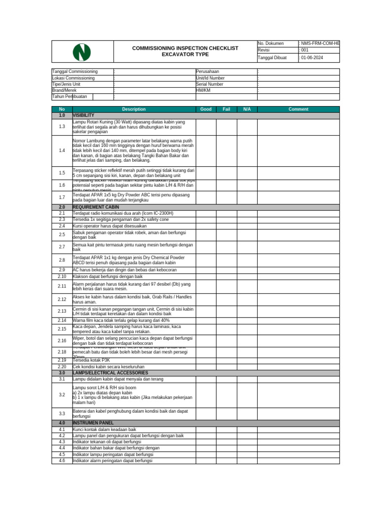 Checklist Commissioning Excavator | PDF