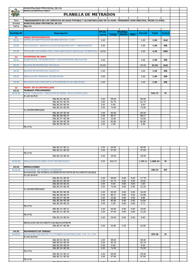 Planilla de Metrados para Obras de Alcantarillado en Ica | PDF | La contaminación del agua ...