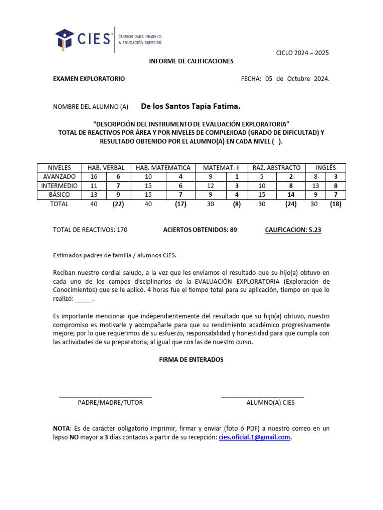 Informe de Calificaciones de Fátima Santos Tapia | PDF